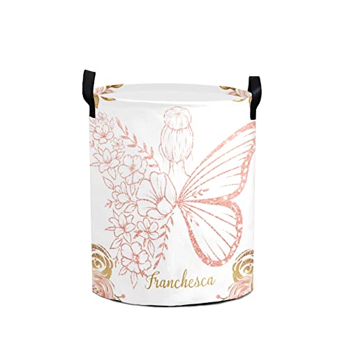 Personalized Laundry Basket, Pink Rose Butterfly Fairy Girl Custom Storage Bins Laundry Hamper with Name Collapsible Toys Organizer