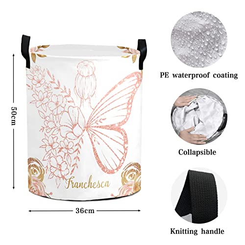 Personalized Laundry Basket, Pink Rose Butterfly Fairy Girl Custom Storage Bins Laundry Hamper with Name Collapsible Toys Organizer