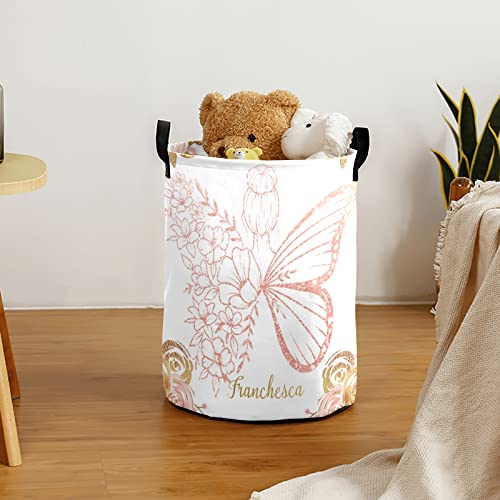 Personalized Laundry Basket, Pink Rose Butterfly Fairy Girl Custom Storage Bins Laundry Hamper with Name Collapsible Toys Organizer