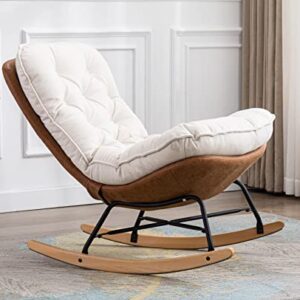 Kmax Rocking Chair Nursery Tufted Accent Glider Chair with Tufted Linen Fabric Cushion PU Leather Base for Baby Nursery Bedroom Living Room, Cream