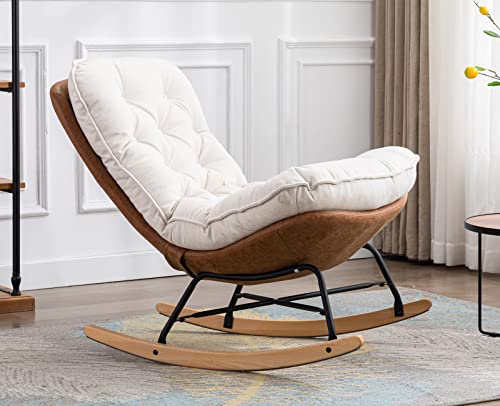 Kmax Rocking Chair Nursery Tufted Accent Glider Chair with Tufted Linen Fabric Cushion PU Leather Base for Baby Nursery Bedroom Living Room, Cream