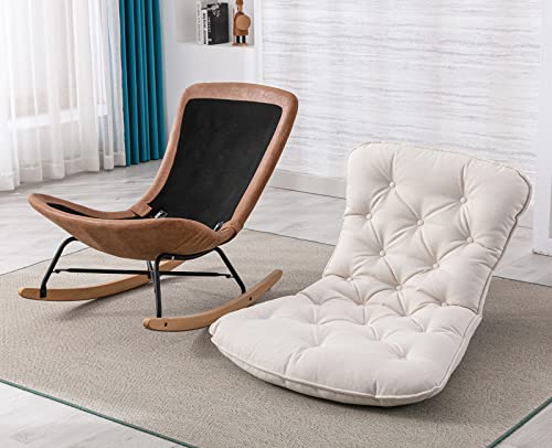 Kmax Rocking Chair Nursery Tufted Accent Glider Chair with Tufted Linen Fabric Cushion PU Leather Base for Baby Nursery Bedroom Living Room, Cream