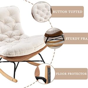 Kmax Rocking Chair Nursery Tufted Accent Glider Chair with Tufted Linen Fabric Cushion PU Leather Base for Baby Nursery Bedroom Living Room, Cream