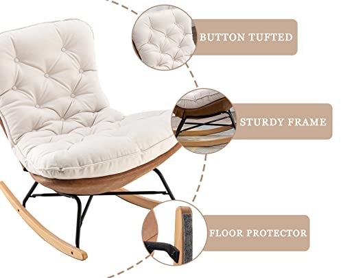 Kmax Rocking Chair Nursery Tufted Accent Glider Chair with Tufted Linen Fabric Cushion PU Leather Base for Baby Nursery Bedroom Living Room, Cream