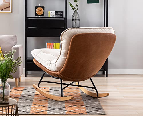 Kmax Rocking Chair Nursery Tufted Accent Glider Chair with Tufted Linen Fabric Cushion PU Leather Base for Baby Nursery Bedroom Living Room, Cream