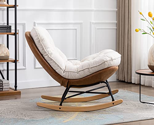 Kmax Rocking Chair Nursery Tufted Accent Glider Chair with Tufted Linen Fabric Cushion PU Leather Base for Baby Nursery Bedroom Living Room, Cream