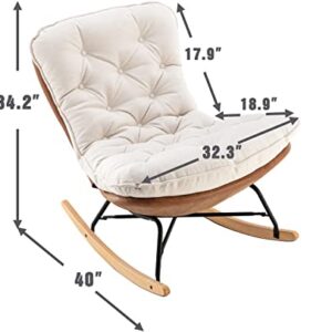 Kmax Rocking Chair Nursery Tufted Accent Glider Chair with Tufted Linen Fabric Cushion PU Leather Base for Baby Nursery Bedroom Living Room, Cream