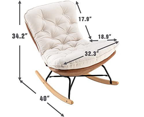 Kmax Rocking Chair Nursery Tufted Accent Glider Chair with Tufted Linen Fabric Cushion PU Leather Base for Baby Nursery Bedroom Living Room, Cream