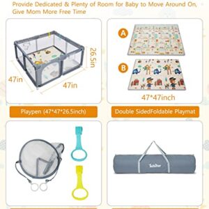 Baby Playpen with Mat, Large Baby Playard for Toddler, BPA-Free, Non-Toxic, Safe No Gaps Play Yard for Babies, Indoor & Outdoor Kids Activity Center 47"x47"x26.5" with 0.4" Foldable Playmat