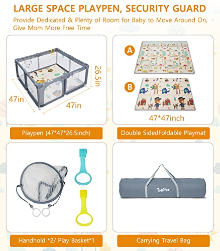 Baby Playpen with Mat, Large Baby Playard for Toddler, BPA-Free, Non-Toxic, Safe No Gaps Play Yard for Babies, Indoor & Outdoor Kids Activity Center 47"x47"x26.5" with 0.4" Foldable Playmat