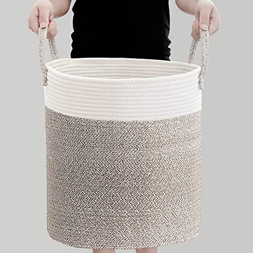 NamRamo Blanket Basket Living Room 13.8" x 13.8" x 15.8", Large Basket Baby Toy Basket, Cotton Rope Laundry Basket with Handle, Tall Rope Basket, Woven Storage Basket, White & Ooatmeal Hamper