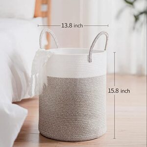 NamRamo Blanket Basket Living Room 13.8" x 13.8" x 15.8", Large Basket Baby Toy Basket, Cotton Rope Laundry Basket with Handle, Tall Rope Basket, Woven Storage Basket, White & Ooatmeal Hamper