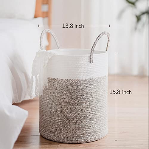 NamRamo Blanket Basket Living Room 13.8" x 13.8" x 15.8", Large Basket Baby Toy Basket, Cotton Rope Laundry Basket with Handle, Tall Rope Basket, Woven Storage Basket, White & Ooatmeal Hamper