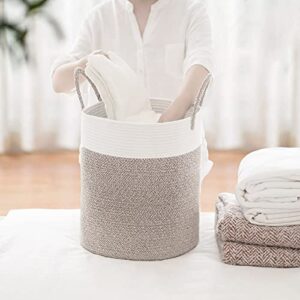 NamRamo Blanket Basket Living Room 13.8" x 13.8" x 15.8", Large Basket Baby Toy Basket, Cotton Rope Laundry Basket with Handle, Tall Rope Basket, Woven Storage Basket, White & Ooatmeal Hamper