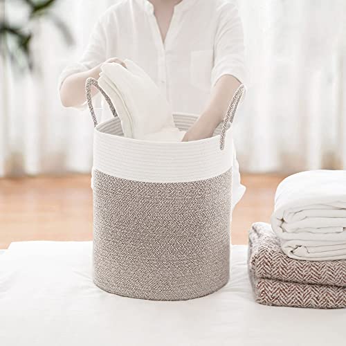 NamRamo Blanket Basket Living Room 13.8" x 13.8" x 15.8", Large Basket Baby Toy Basket, Cotton Rope Laundry Basket with Handle, Tall Rope Basket, Woven Storage Basket, White & Ooatmeal Hamper