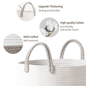 NamRamo Blanket Basket Living Room 13.8" x 13.8" x 15.8", Large Basket Baby Toy Basket, Cotton Rope Laundry Basket with Handle, Tall Rope Basket, Woven Storage Basket, White & Ooatmeal Hamper