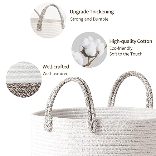 NamRamo Blanket Basket Living Room 13.8" x 13.8" x 15.8", Large Basket Baby Toy Basket, Cotton Rope Laundry Basket with Handle, Tall Rope Basket, Woven Storage Basket, White & Ooatmeal Hamper