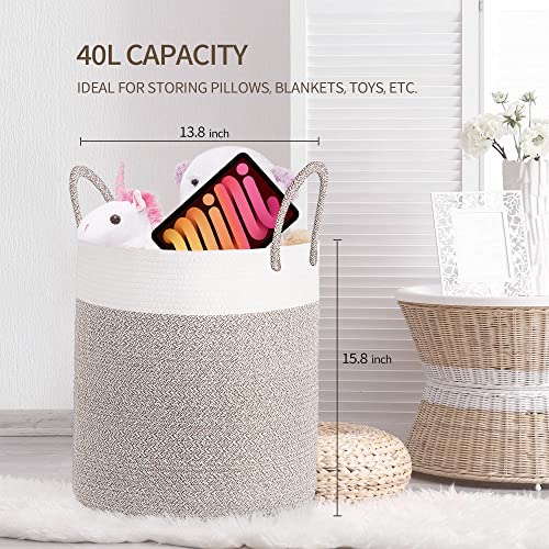 NamRamo Blanket Basket Living Room 13.8" x 13.8" x 15.8", Large Basket Baby Toy Basket, Cotton Rope Laundry Basket with Handle, Tall Rope Basket, Woven Storage Basket, White & Ooatmeal Hamper