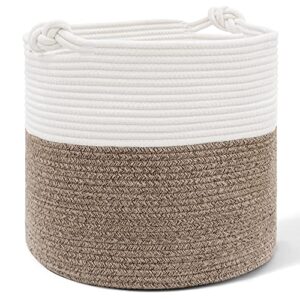 namramo blanket basket living room 15.8" x 15.8" x 13.8", large basket baby toy basket, cotton rope laundry basket with handle, rope basket, woven storage basket, white & brown hamper