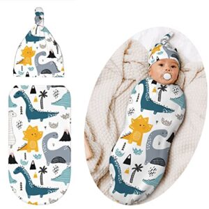 dinosaur baby stuff swaddle receiving blanket with hat set dinosaur swaddles up new born soft transition sleep sacks for infant boys girls(0-6mth)