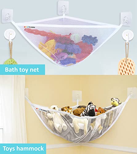 Bath Toy Holder Corner, Kids Bath Toy Net for Tub, Bathtub Toy Holder Basket, Mesh Bath Toy Storage Tub Bin, Hanging Hammock Organizer, Shower Caddy Bag Suction Cups, Baby Bathroom Toy Storage for Tub