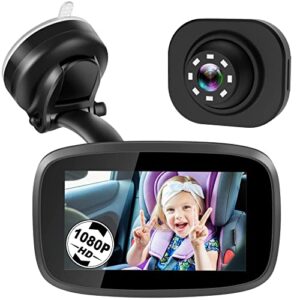 1080p baby car mirror, shybaby 4.3'' baby car camera monitor 170° wide view, hd night vision function and reusable sucker bracket, safety rear facing car set camera infants kids toddlers black