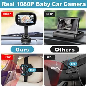 1080P Baby Car Mirror, Shybaby 4.3'' Baby Car Camera Monitor 170° Wide View, HD Night Vision Function and Reusable Sucker Bracket, Safety Rear Facing Car Set Camera Infants Kids Toddlers Black