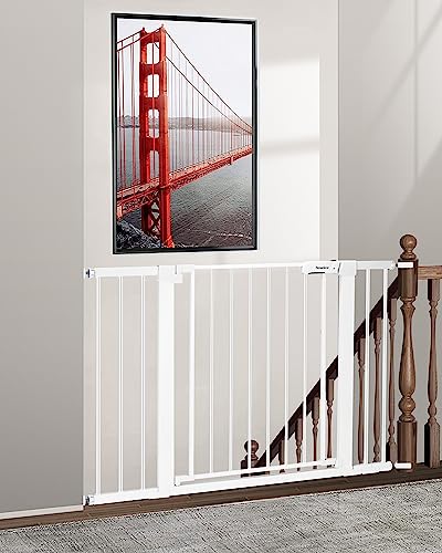 Newnice 29.7"-46" Safety Baby Gate for Stairs, Auto Close Pressure Mounted Easy Walk Thru Dog Pet Gate for The House, Doorways, Extra Wide Child Gates for Kids Toddler, White