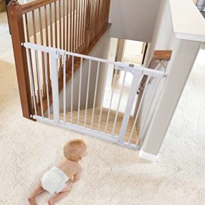 Newnice 29.7"-46" Safety Baby Gate for Stairs, Auto Close Pressure Mounted Easy Walk Thru Dog Pet Gate for The House, Doorways, Extra Wide Child Gates for Kids Toddler, White