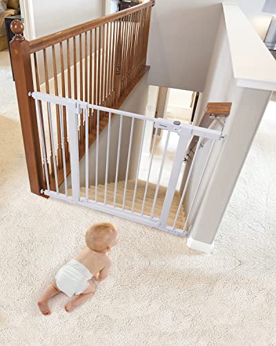 Newnice 29.7"-46" Safety Baby Gate for Stairs, Auto Close Pressure Mounted Easy Walk Thru Dog Pet Gate for The House, Doorways, Extra Wide Child Gates for Kids Toddler, White