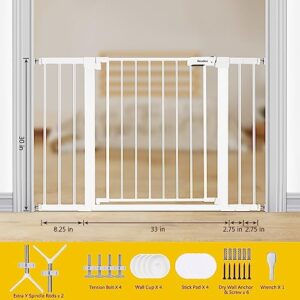 Newnice 29.7"-46" Safety Baby Gate for Stairs, Auto Close Pressure Mounted Easy Walk Thru Dog Pet Gate for The House, Doorways, Extra Wide Child Gates for Kids Toddler, White