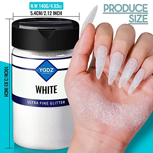 Fine Glitter, YGDZ 140G 4.93OZ White Glitter Powder for Tumblers Resin Crafts, Cosmetic Nail Face Body Painting Hair Glitter, White