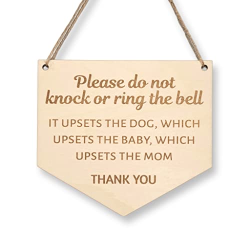 Baby sleeping sign for front door - Please do not knock or ring the bell, it upsets the dog, which upsets the baby, which upsets mom - Do not ring doorbell sign Size 6 x 5.5 (inches), Brown