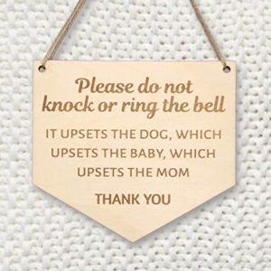 Baby sleeping sign for front door - Please do not knock or ring the bell, it upsets the dog, which upsets the baby, which upsets mom - Do not ring doorbell sign Size 6 x 5.5 (inches), Brown