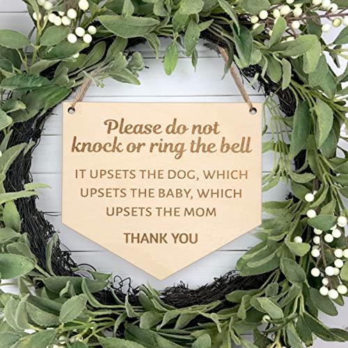 Baby sleeping sign for front door - Please do not knock or ring the bell, it upsets the dog, which upsets the baby, which upsets mom - Do not ring doorbell sign Size 6 x 5.5 (inches), Brown