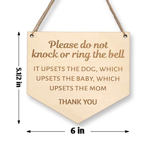 Baby sleeping sign for front door - Please do not knock or ring the bell, it upsets the dog, which upsets the baby, which upsets mom - Do not ring doorbell sign Size 6 x 5.5 (inches), Brown