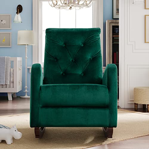 Majnesvon Rocking Chair Mid-Century Modern Nursery Rocking Armchair Upholstered Tall Back Accent Glider Rocker for Living Room (Green + Velvet)