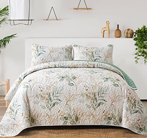 Floral Quilt Queen Size,Green Botanical Queen Quilt 3 Pieces,Reversible Soft Bedspread Queen Size for All-Season(96"x90")