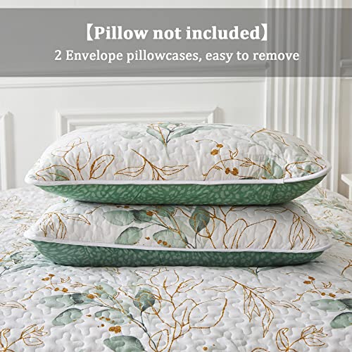 Floral Quilt Queen Size,Green Botanical Queen Quilt 3 Pieces,Reversible Soft Bedspread Queen Size for All-Season(96"x90")