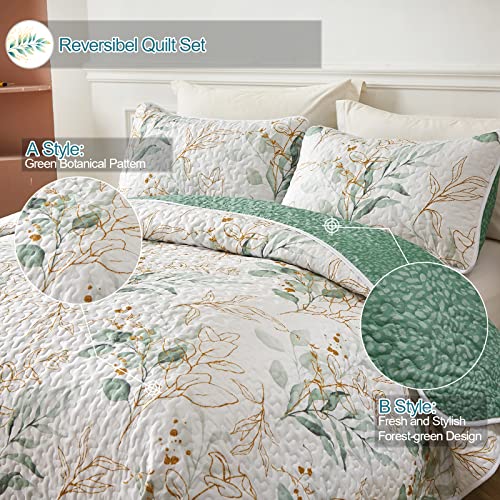 Floral Quilt Queen Size,Green Botanical Queen Quilt 3 Pieces,Reversible Soft Bedspread Queen Size for All-Season(96"x90")