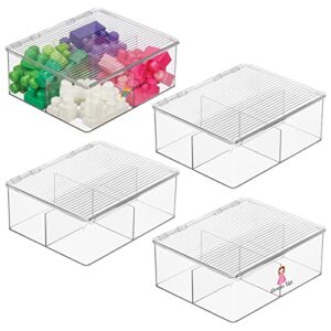 mdesign plastic stackable toy storage bin with hinged lid, 4 divided compartments for organizing playroom, kids' room - container for small toys, craft and school supplies + 24 labels - 4 pack - clear