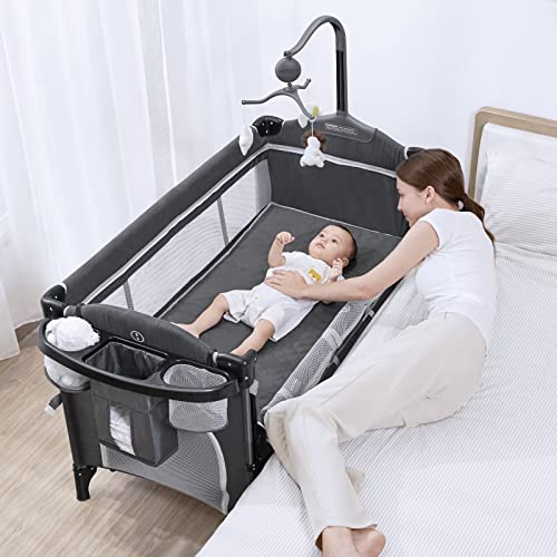 ANGELBLISS 5 in 1 Baby Bassinet Bedside Sleeper, Rocking Bassinet for Baby, Easy Folding Portable Playards, Pack and Play with Mattress, Diaper Changer and Music Mobile