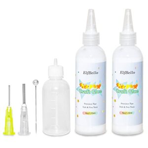 elfbello art craft glue with fine tips & 50ml glue applicator bottle, adhesive art glitter glue for paper craft diy scrapbook, quick dries clear glue wrinkle resistant, 4fl oz 2 pack