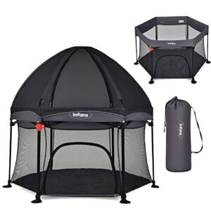 infans baby playpen with removable mesh & uv canopy, 53" portable playhouse with carry bag, dome, padded floor, easy folding playard activity center (dark grey)