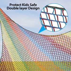 Toriexon Playground Safety Net 14.7' X 9.8', Double Layers Climbing Cargo Net for Kids, Multicolored Playground Net for Obstacle Training, Tree House, Back Yard etc.