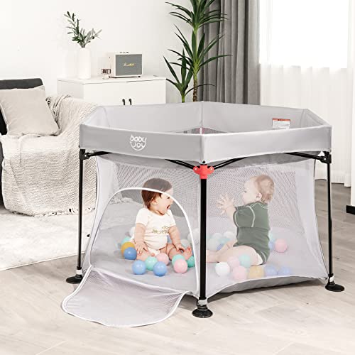 BABY JOY 53'' Outdoor Baby Playpen, Portable Large Play Yard for Babies and Toddlers w/Removable UV Canopy, Bag, Padded Mat, Foldable Travel Baby Beach Tent Play Pens for Both Indoors and Yard Grey