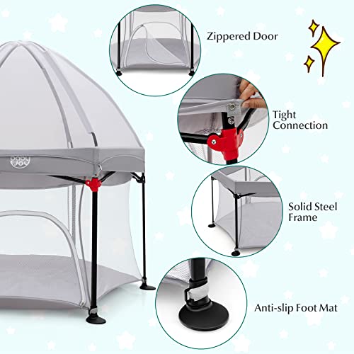 BABY JOY 53'' Outdoor Baby Playpen, Portable Large Play Yard for Babies and Toddlers w/Removable UV Canopy, Bag, Padded Mat, Foldable Travel Baby Beach Tent Play Pens for Both Indoors and Yard Grey