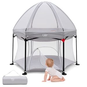 BABY JOY 53'' Outdoor Baby Playpen, Portable Large Play Yard for Babies and Toddlers w/Removable UV Canopy, Bag, Padded Mat, Foldable Travel Baby Beach Tent Play Pens for Both Indoors and Yard Grey