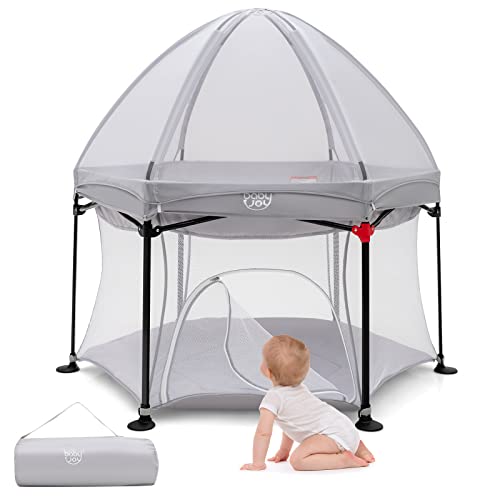 BABY JOY 53'' Outdoor Baby Playpen, Portable Large Play Yard for Babies and Toddlers w/Removable UV Canopy, Bag, Padded Mat, Foldable Travel Baby Beach Tent Play Pens for Both Indoors and Yard Grey