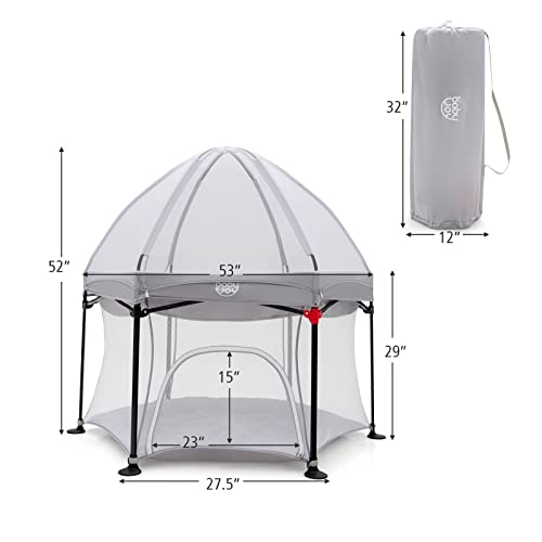 BABY JOY 53'' Outdoor Baby Playpen, Portable Large Play Yard for Babies and Toddlers w/Removable UV Canopy, Bag, Padded Mat, Foldable Travel Baby Beach Tent Play Pens for Both Indoors and Yard Grey